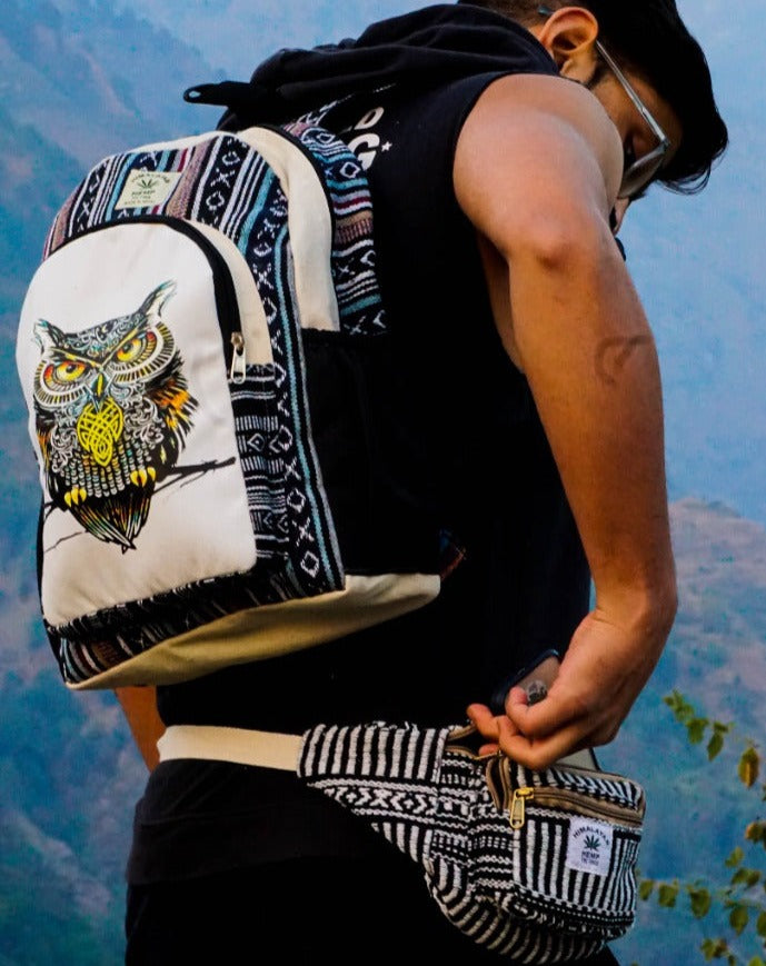 Himalayan Owl Printed Hemp Backpack Combo (Backpack and Waist Pouch Ba ...